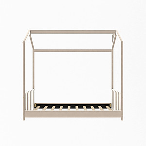 Bellemave House Beds Twin Size Velvet Montessori Bed for Kids Upholstered Floor Frame with Headboard & Footboard Girls Boys Teens, Beige