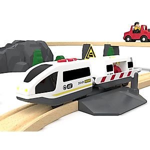 Wooden Train Set Accessories Battery Operated Locomotive Train, Remote Control Train Vehicles for Wood Tracks, Powerful Engine Train Cars Fits All Major Brands of Railway System (Battery Not Included)