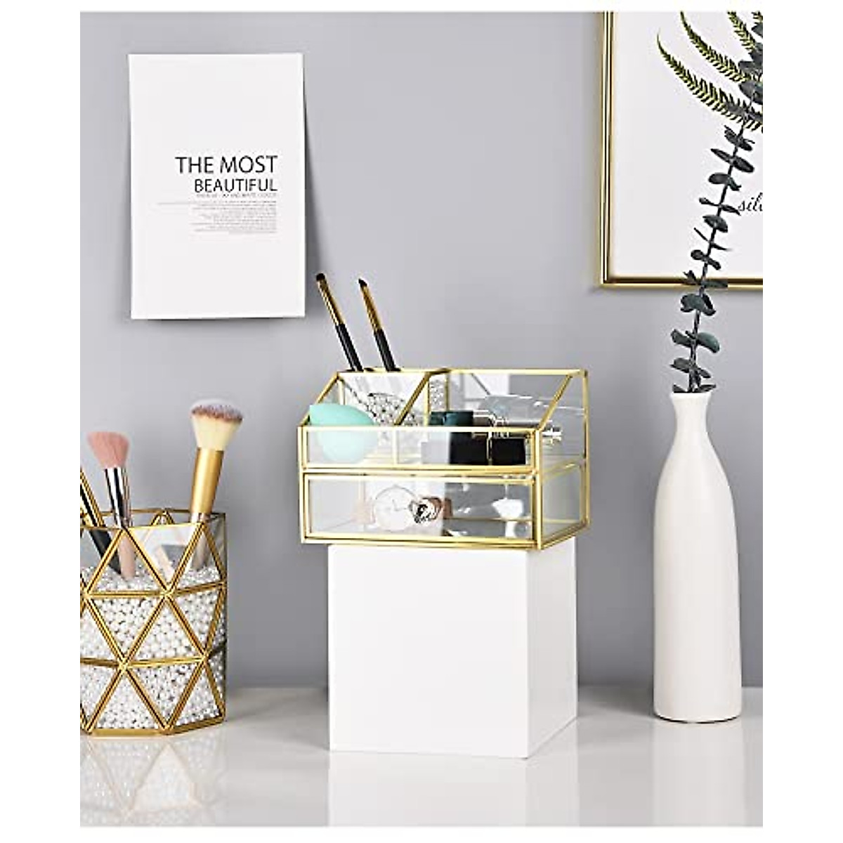 N/A Cosmetic Storage Box Dresser Jewelry with Lid Shelf Multipurpose Desktop Decor