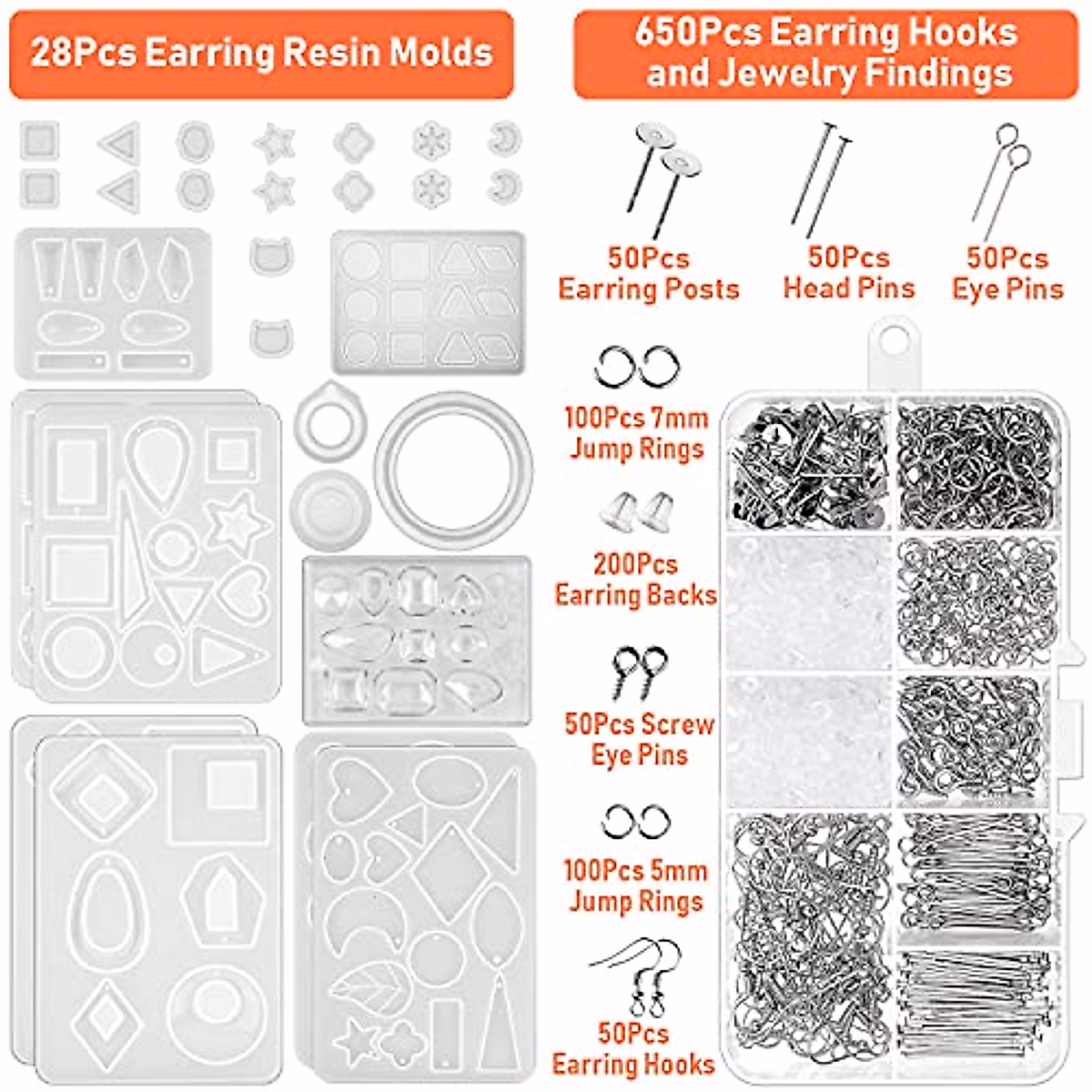 Resin Molds for Jewelry, Paxcoo 678pcs Earring Making Kit with 28pcs Earring Epoxy Molds and 650pcs Earring Hooks, Jump Rings for Resin Jewelry, Pendants, Resin Crafts, DIY Earring