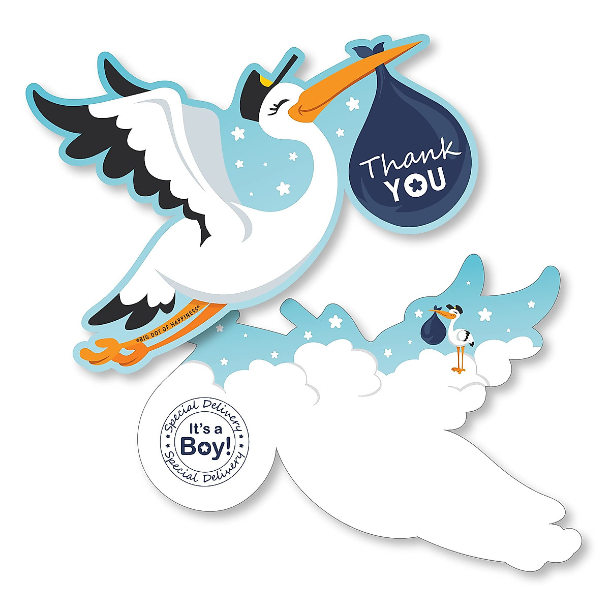 Big Dot of Happiness Boy Special Delivery - Shaped Thank You Cards - It’s A Boy Stork Baby Shower Thank You Note Cards with Envelopes - Set of 12
