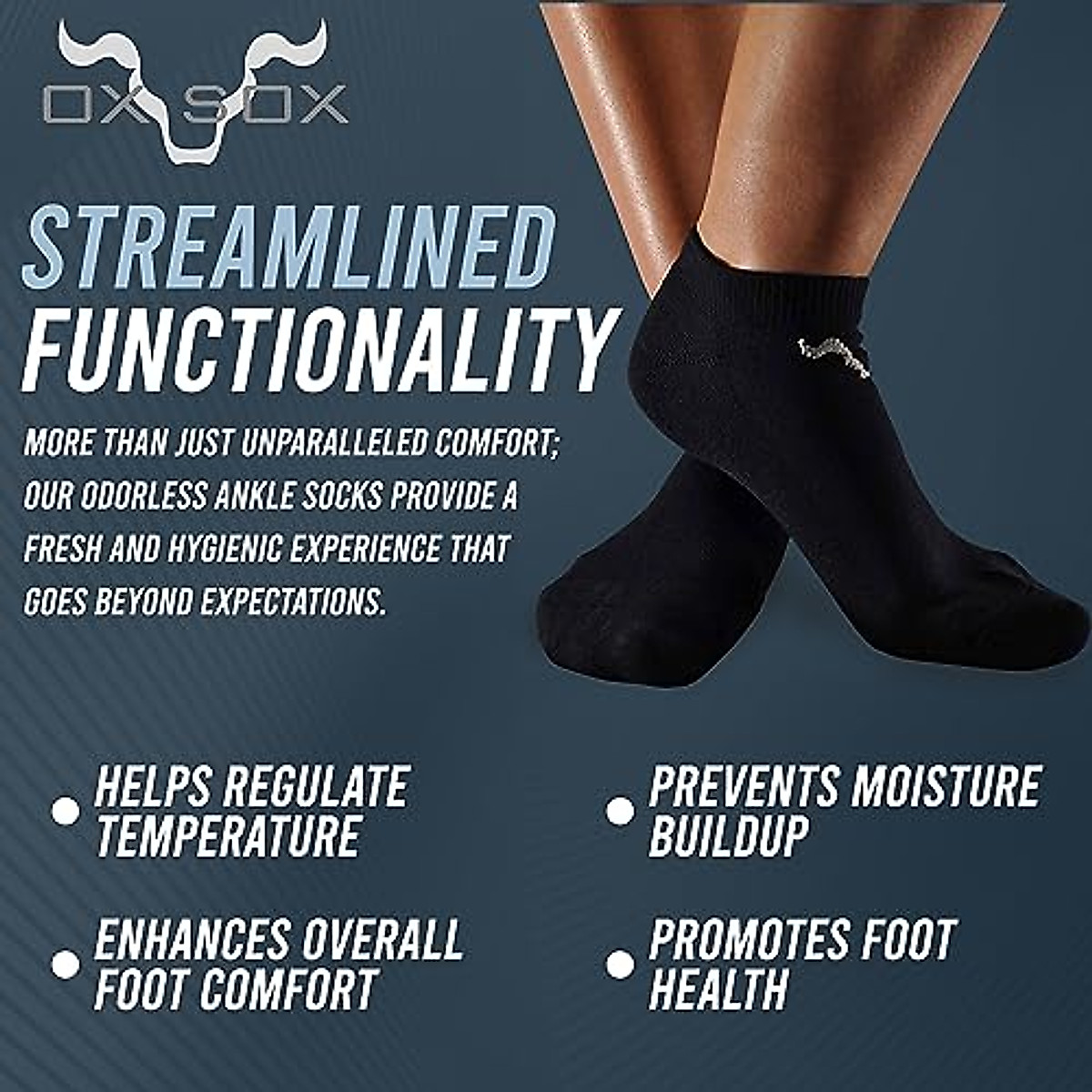 OX SOX Odorless Cotton Ankle Socks - Moisture-Wicking & Airy Comfort with Advanced Odor Control Technology - Breathable Athletic Footwear, Anti Odor & Anti-Sweat Socks for Men - 3 pairs (Black)