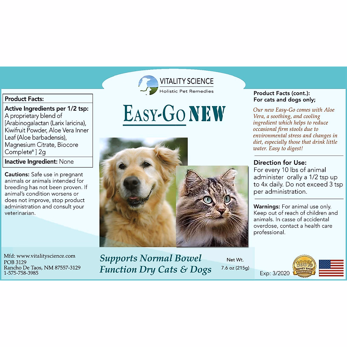Vitality Science Easy-Go Supplement for Cats and Dogs | Supports Normal Bowel Function | Relieves Constipation | Promotes Healthy Digestive System | Easy Digest | 100% Natural & Additive Free (215g)