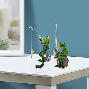 Funny Frog Figurines Garden Statue: Fishing Frog Ornament 2pcs Animal Collectible Figurines Sculpture for Bonsai Yard Table Desk Decor