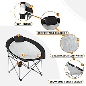 FUNDANGO Oversized Folding Camping Chair Moon Chair for Adults with Headrest, Cup Holder, Carry Bag, Portable Round Chair for Outdoor Hiking, Fishing, Picnic, Camp, Lawn