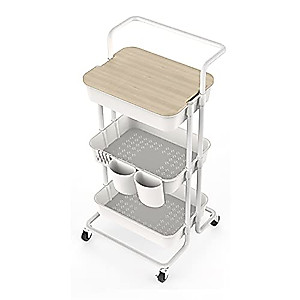 DTK 3 Tier Utility Rolling Cart with Cover Board, Rolling Storage Cart with Handle and Locking Wheels Kitchen Cart with 2 Small Baskets and 4 Hooks for Bathroom Office Balcony Living Room(White)