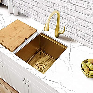LQS Kitchen Sink Drain Strainer Assembly and Gold Undermount Bar Sink, RV Sink, Handmade Stainless Steel Bar Sink 15" x 17", 16 Gauge Workstation Sink