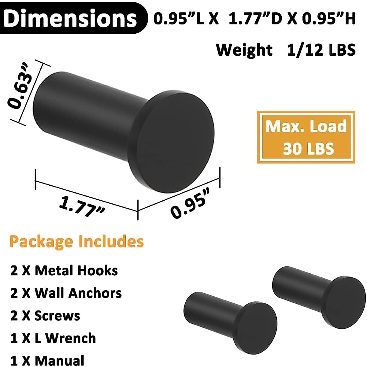 SAYAYO Modern Black Coat Hooks Wall Mounted, Towel Hooks for Bathrooms Robe Hooks, Heavy Duty Wall Hooks for Hanging, SUS 304 Stainless Steel 4 Packs