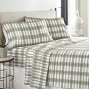 Pointehaven Heavy Weight Flannel Cotton Sheet Set, Twin XL, Plaid Sage