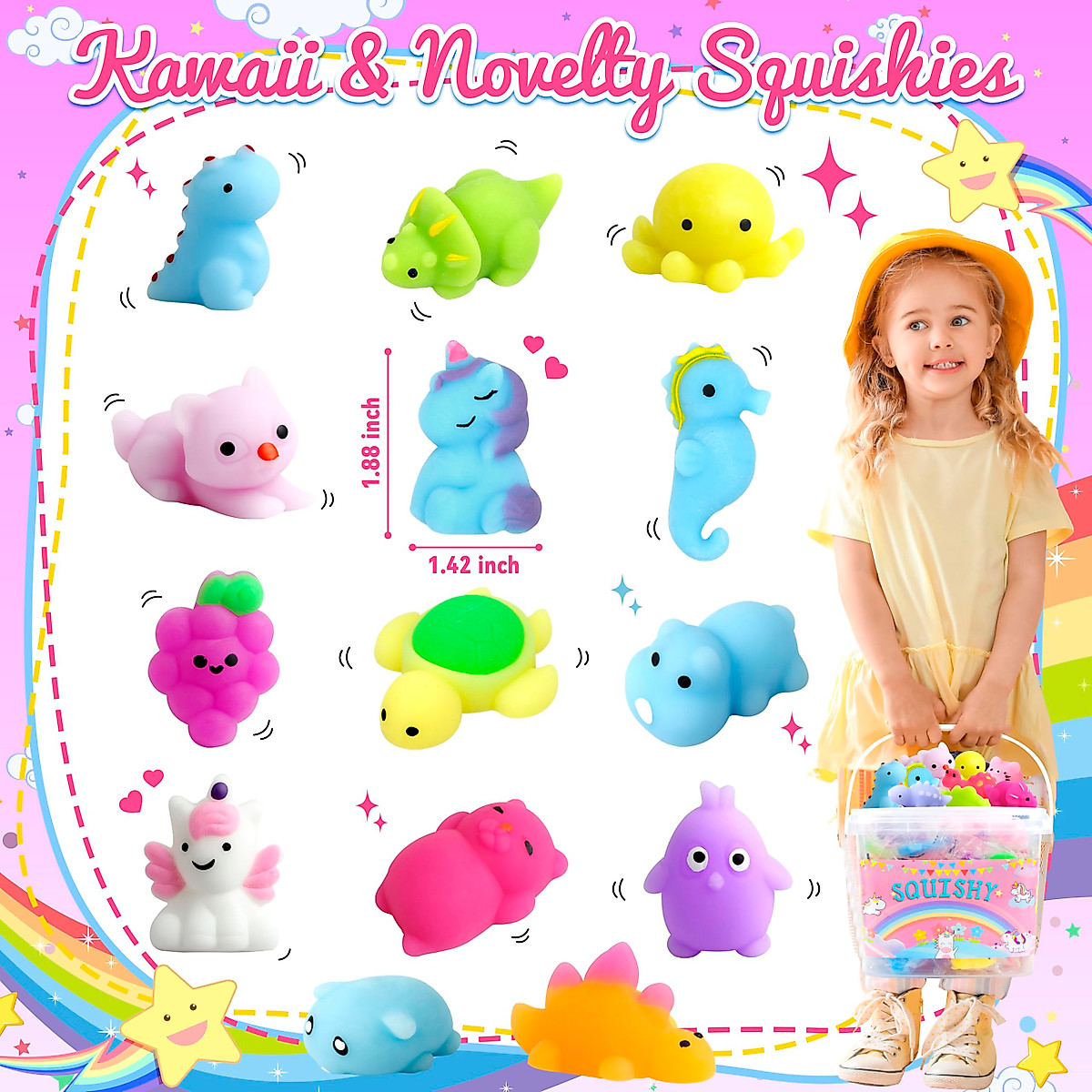 150 Pack Mochi Squishy Toys Kawaii Squishies Stress Relief Toys Pack for Kids Boys Girs Party Favors Bulk Easter Egg Fillers Easter Hunt Basket Pinata Stuffers