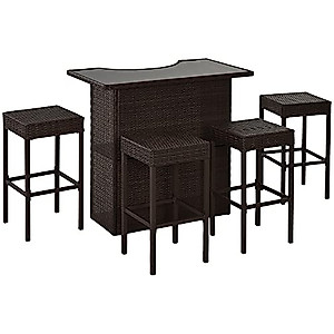 Outsunny 5 Pcs Rattan Wicker Bar Set with Glass Top Table and 2 Tier Storage Shelf, 1 Table and 4 Bar Stools for Outdoor, Patio, Garden, Poolside