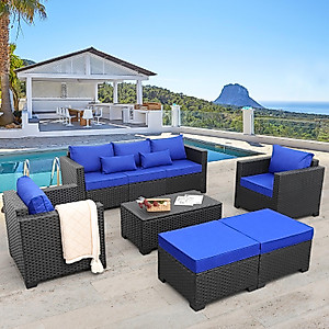 6 Pieces Patio Wicker Furniture Set Outdoor PE Rattan Conversation Couch Sectional Chair Sofa Set with Royal Blue Cushions