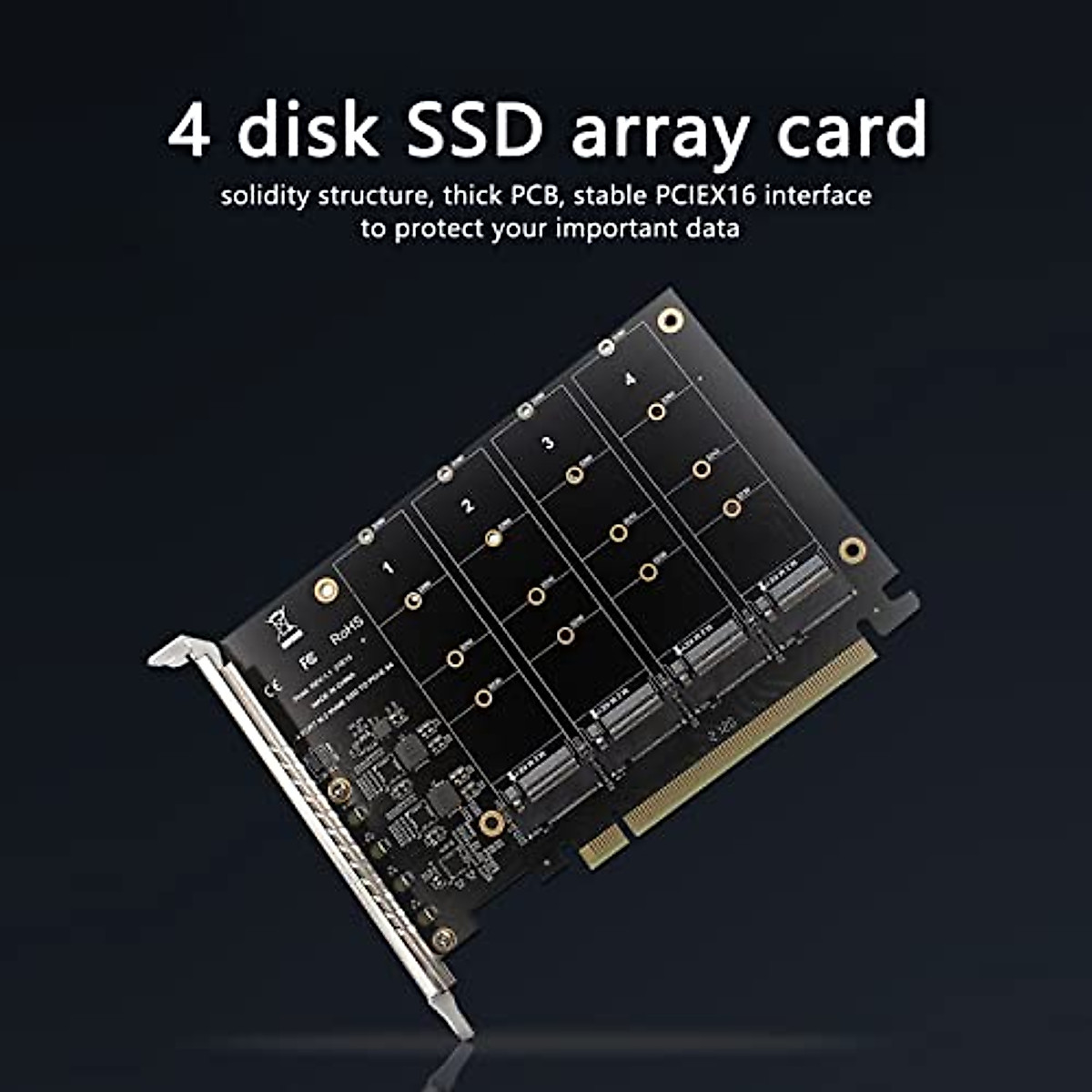Jopwkuin M.2 SSD Adapter, PCIE X16 Interface Soft Light LED Status Indicator NVME   Card for 4 NVME PCIe Protocol SSDs for PCIE3.0 4.0