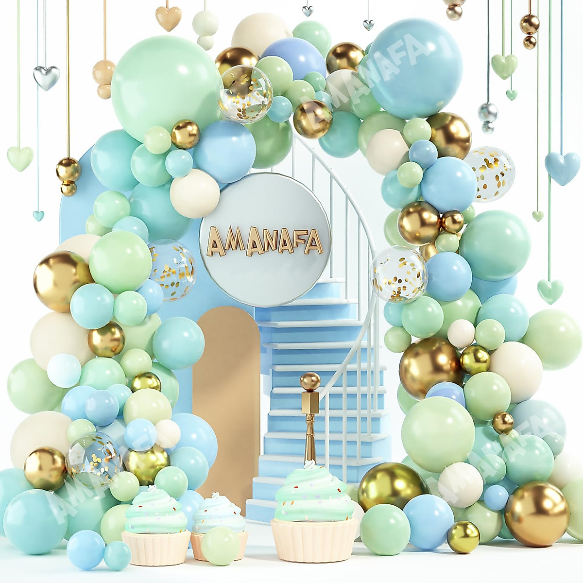 Dusty Blue Green Balloon Garland Arch Kit Blue Green White Sand Gold Confetti Balloons for Bridal Boho Birthday Party Backdrop Decorations