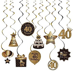 Happy 40th Birthday Party Hanging Swirls Streams Ceiling Decorations, Celebration 40 Foil Hanging Swirls with Cutouts for 40 Years Old Black and Gold Birthday Party Decorations Supplies