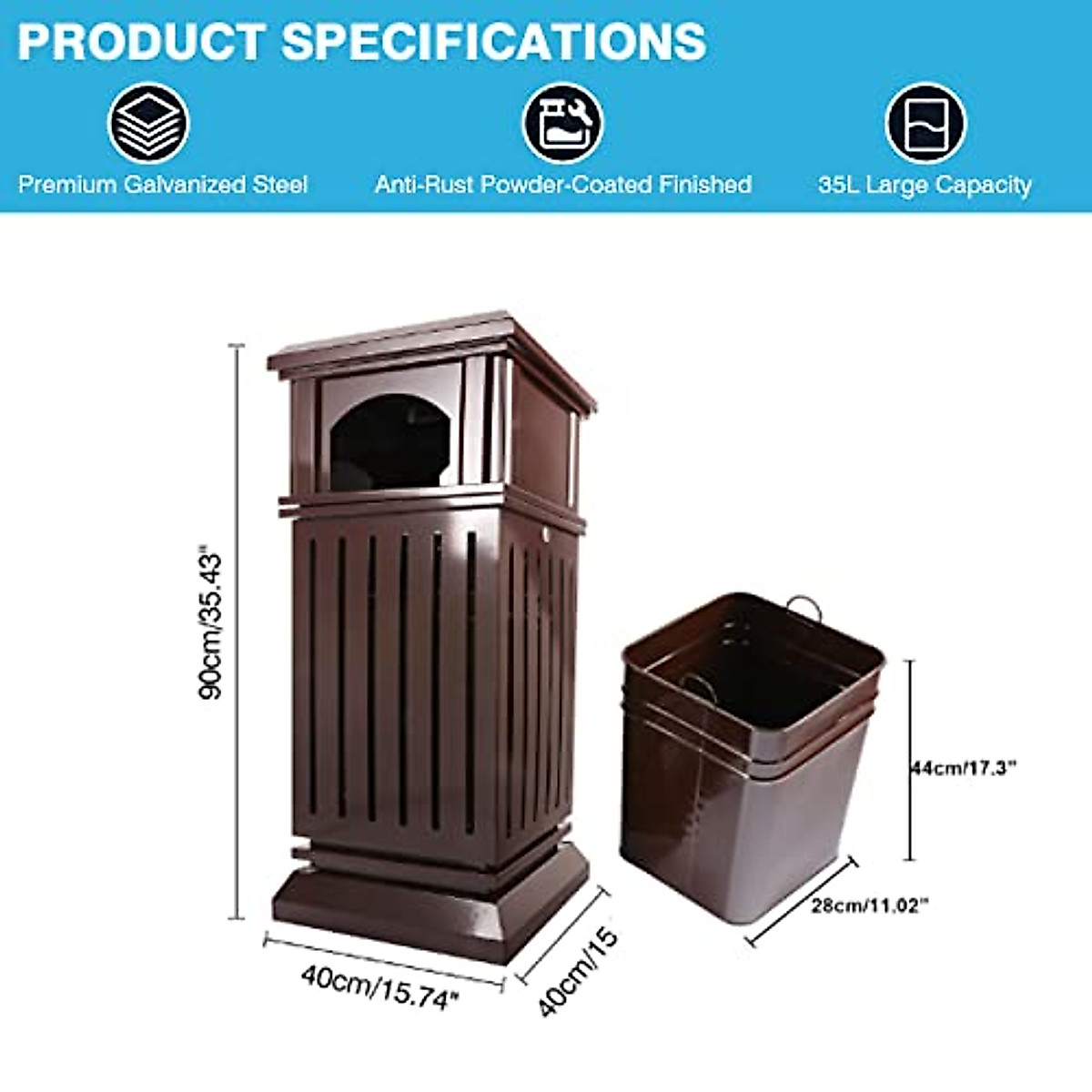 IRONWALLS Commercial Trash Can, Brown Indoor Outdoor Garbage Can with Lockable Lid, Removable Inner Barrel, Rectangular Waste Bin Container Trash Receptacle for Patio, Park, Plaza