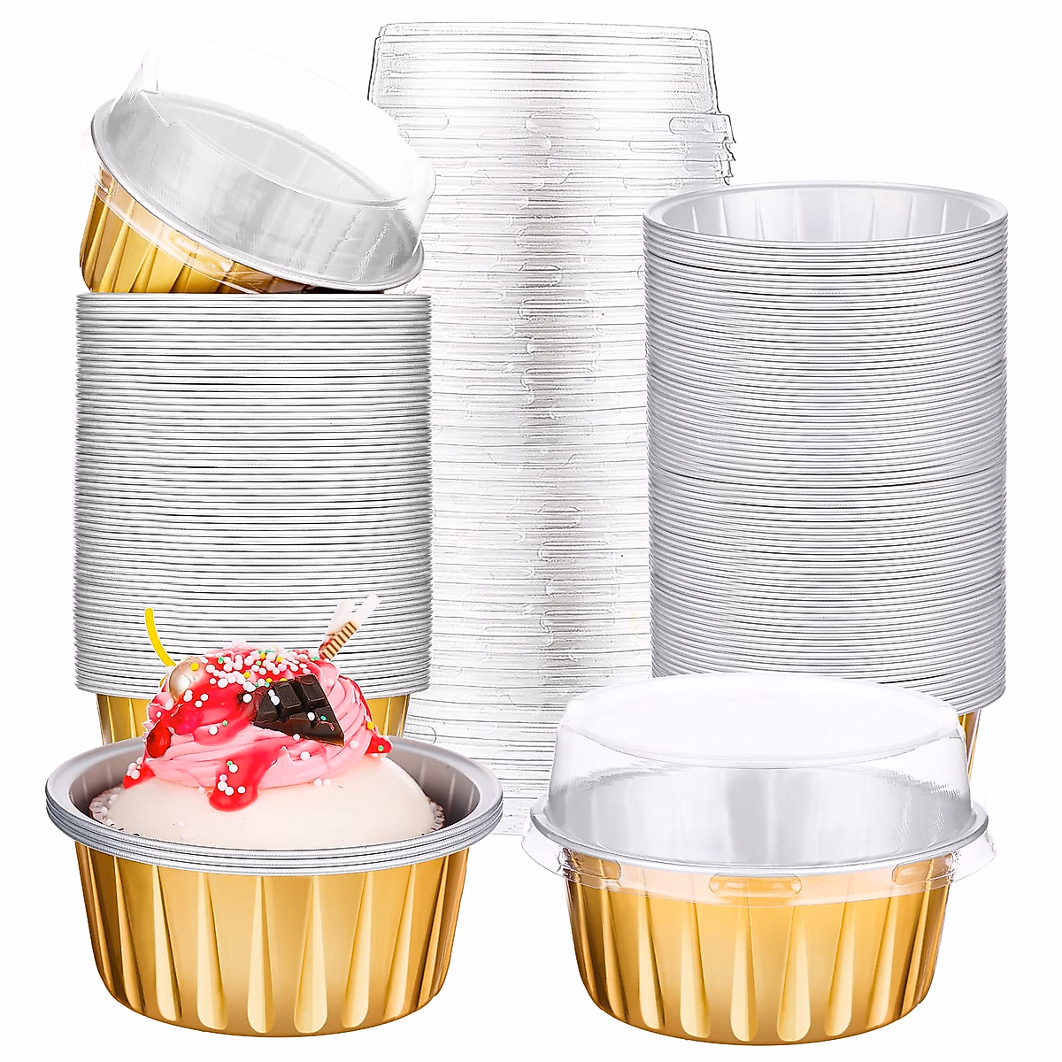 200 Pack Aluminum Foil Cupcake Baking Cups 5oz Cupcake Liners Dessert Cups with Lids Disposable Cupcake Cups Mini Cake Containers Flan Molds Tin Mini Muffin Liners for Wedding Birthday (Gold)