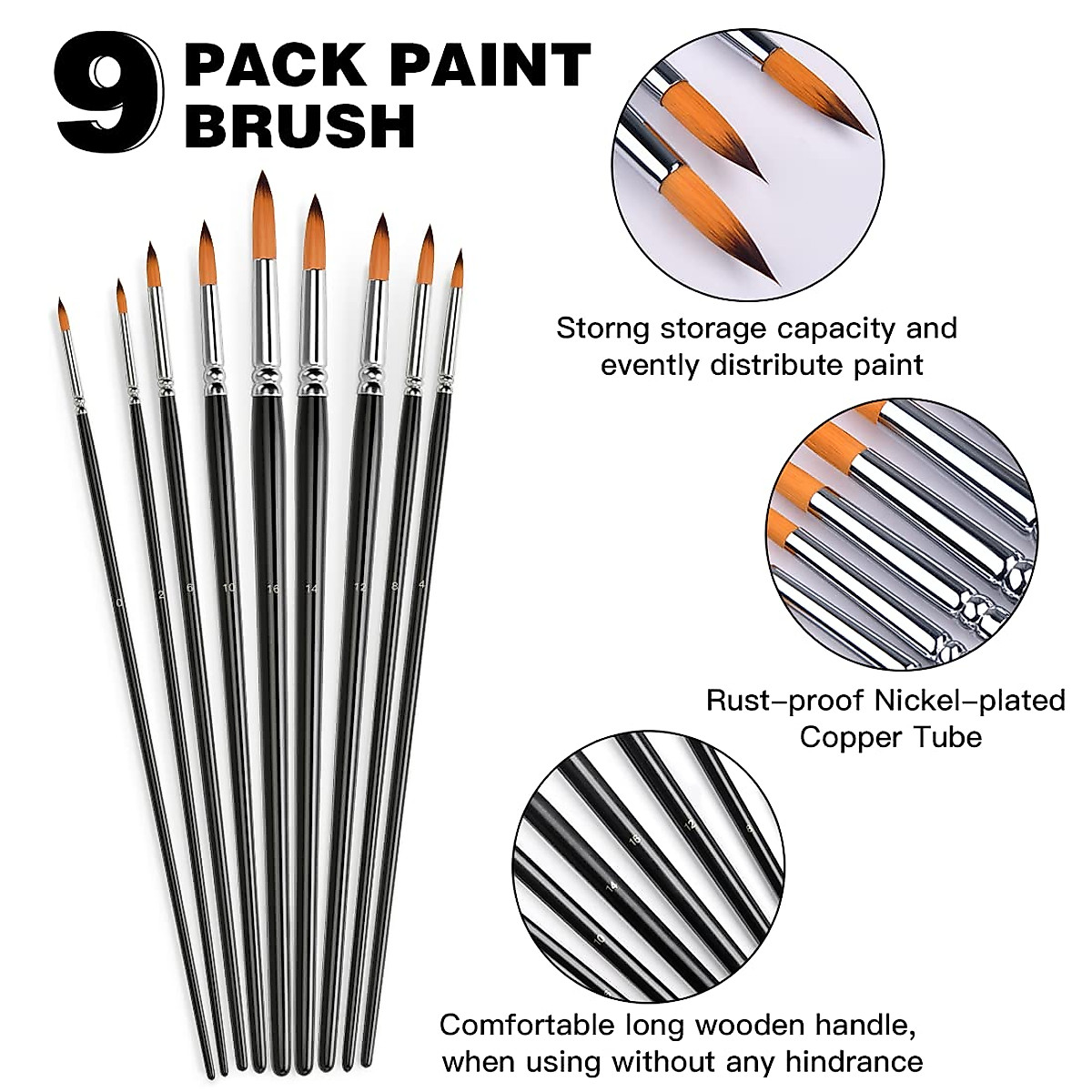 Artist Watercolor Paint Brushes Professional Set, 9pcs Round Point Tip Nylon Hair Long Handle Watercolor Brushes, Detail Paint Brushes for Watercolor, Acrylic, Oil
