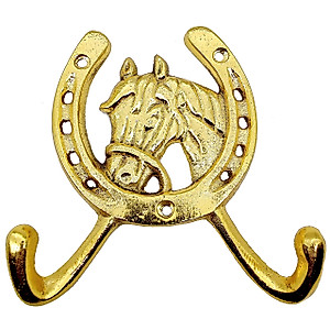 5MOONSUN5 Brass Horseshoe Hook, Rustic Ranch Wall Mounted Coat Hanger, 1.1x4.5x5 inches, 3.5 lbs Weight Capacity, Gold Finish