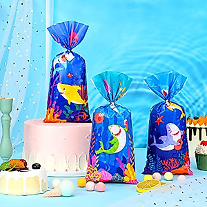 100 Pcs Shark Candy Bags Cute Blue Shark Cellophane Bags Blue Shark Gift Treat Bags Plastic Goodie Bags with 150 Ties Shark Birthday Party Decorations Favors for Boys Shark Themed Baby Shower Party
