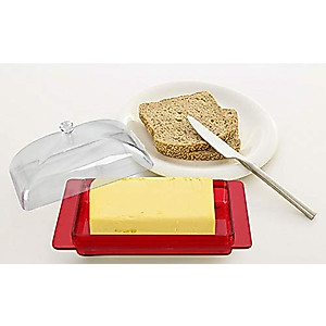 HOME-X Butter Keeper, Large Butter Dish with Lid, Versatile Food Container, Butter Dish with Handled Lid, 6 1/8" x 2 ½" W x 3 ¾" H, Red