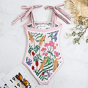 Women Floral One Piece Swimsuits, Reversible Tie Shoulder Monokini, Tummy Control Bathing Suits, Square Neck Swimwear Pink