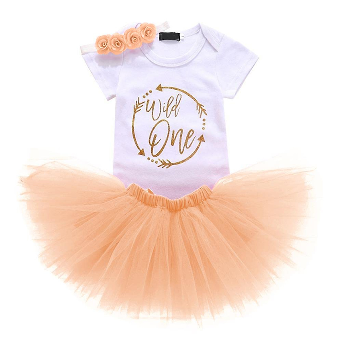 Baby Girls 1st Birthday Cake Smash 3pcs Outfits Set Cotton Romper Bodysuit+Tutu Dress+Flower Headband Princess Skirt Clothes Beige Arrow Wild one Outfits One Size