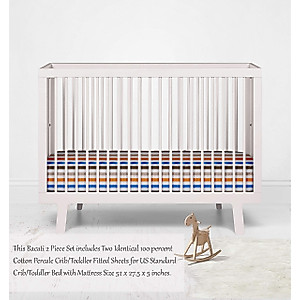 Bacati - 2 Pack MOD Sports Boys 100% Cotton Percale Universal Baby US Standard Crib or Toddler Bed Fitted Sheets (Stripes, Blue Orange Chocolate Brown)