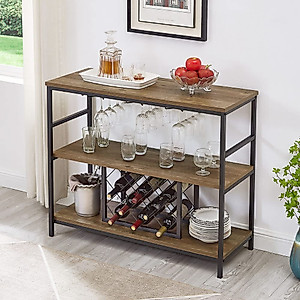 FOLUBAN Wine Rack Table with Glass Holder and Wine Storage, Industrial Rustic Wood and Metal Bar Buffet Cabinet, Oak