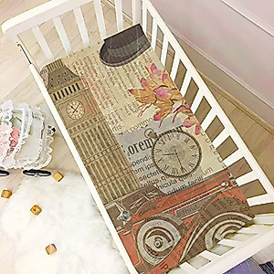 Vintage Parise Car Tower Crib Sheets for Baby Soft and Breathable Baby Crib Sheets Machine Washable Baby Sheet for Boy Baby Girl