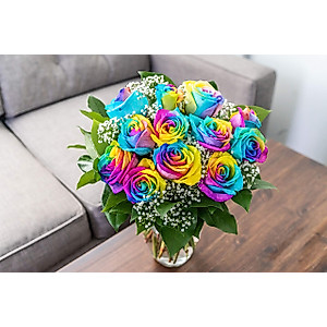 From You Flowers - One Dozen Wild Rainbow Roses with Glass Vase (Fresh Flowers) Birthday, Anniversary, Get Well, Sympathy, Congratulations, Thank You