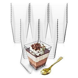 Mini Dessert Cups with Lids and Spoons (100 PACK) (Gold Spoons) - 5 oz Plastic Parfait Cups with Lids Reusable - Plastic Dessert Cups with Lids - Appetizer Cups - Clear Dessert Cups BPA Free Plastic