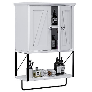 Meilocar Bathroom Cabinet Wall Mounted, Small Farmhouse Medicine Cabinet with Adjustable Shelf and Towel Bar, Over Toilet Cabinet Small Bathroom Storage Cabinet for Bathroom, Living Room, White