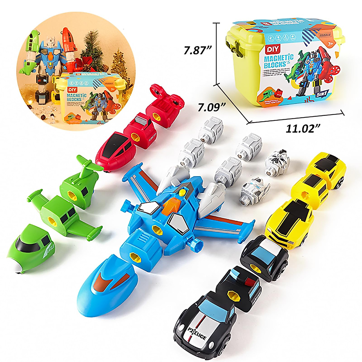 QUERCITRON 5-in-1 Magnetic Vehicles Playset Toy, Transform to Robot, Mix & Match Assembling Building Action Figures Kit with Storage Box, Holiday Birthday Present for Kids, Boys & Girls 3 4 5 6 7 Year