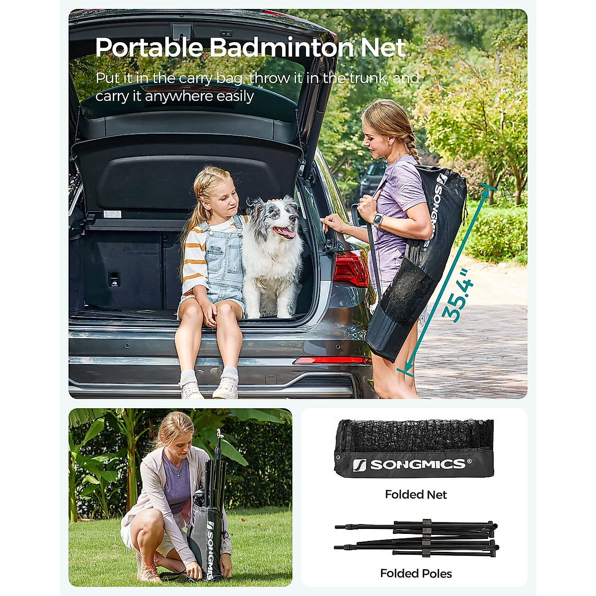 SONGMICS 10 ft Badminton Net, Height Adjustable Volleyball Net, Pickleball Net with Poles, Foldable Nylon Net for Tennis Indoor Outdoor Court, Black USYQ300HV1