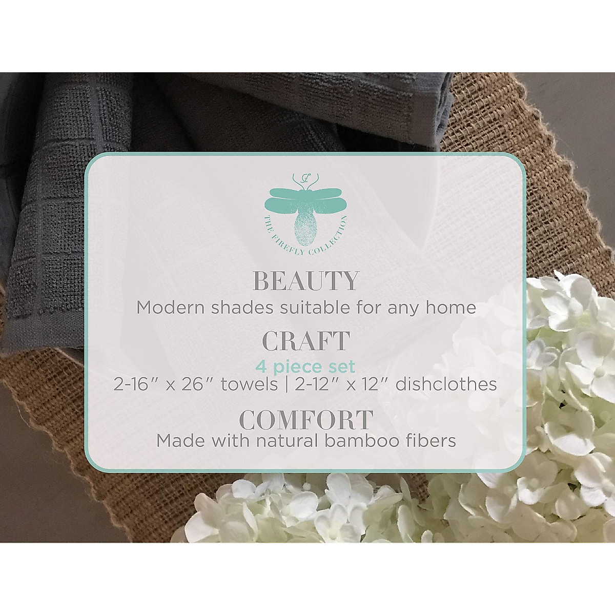 THE FIREFLY COLLECTION Kitchen Towel Set, 4pk - Lightweight, Ultra Absorbent Kitchen Towels Perfect for Your Wiping, Cleaning & Drying Needs with Soft, Sustainable Fibers - Granite Grey