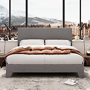 Allewie Queen Bed Frame with Upholstered Adjustable Headboard, Platform Bed with Wood Slats, Heavy Duty Mattress Foundation, No Box Spring Needed, Easy Assembly, Light Grey