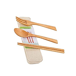9 Pieces Wood Flatware Set Japanese Style Utensils Wooden Tableware Spoon Travel Cutlery Chopsticks Fork for Eating Portable High Heat Resistant Kitchen Home Camping Picnic School Students