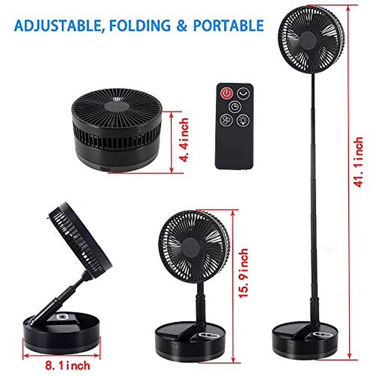 Upgraded Oscillating Fan Height Adjustable Folding and Portable Fan Rechargeable Battery Operated Fan with 4 Speeds Strong Wind for Home Office Travel, Camping, Battery Powered Fan 10800mAh(8.5-33.5h)