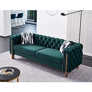 Kakotito Tufted Sofa Couch, 84 Inches Long Upholstered Sofa with 2 Pillows,High Arm and Strong Metal Legs, Couches for Living Room, Office, and Bedroom (Button Tufted, Green)