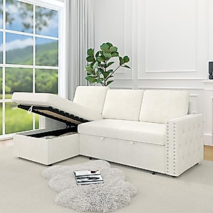 FANYE 85" W L-Shaped Reversible Sleeper Sectional Sofa Chenille Button Tufted Upholstered Corner Convertible Sofabed W/Pull Out Couch Bed and Storage Chaise, Nailhead Decor for Living Room