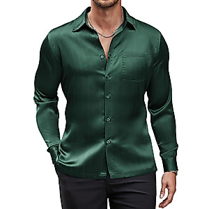 COOFANDY Men's Silk Satin Dress Shirts Luxury Long Sleeve Shirt Shiny Button Up Shirts (Army Green, X-Large)