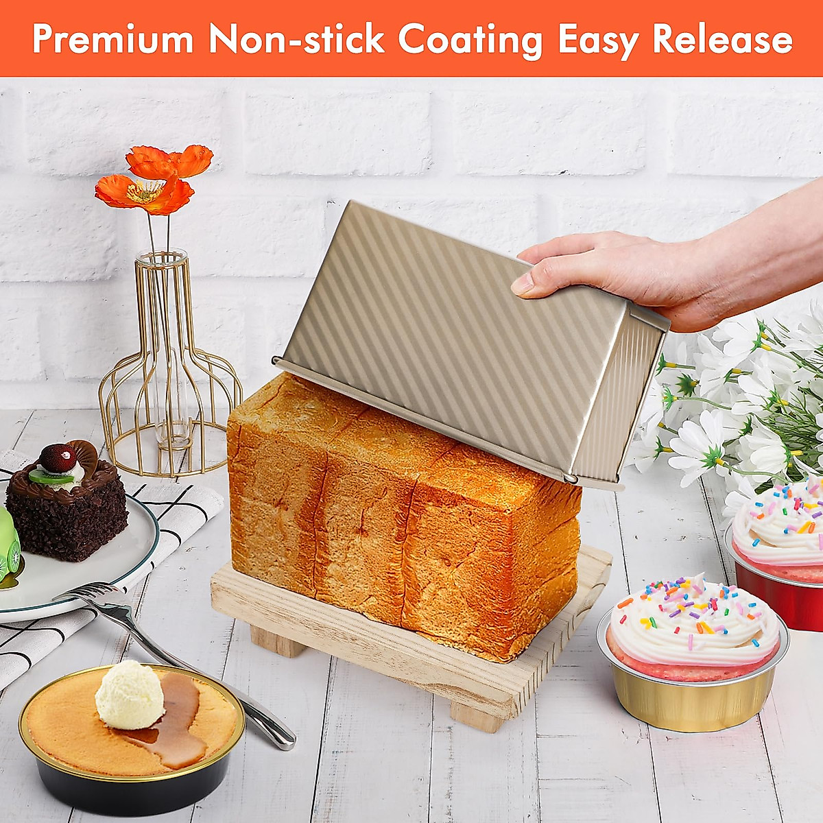 Beasea Pullman Loaf Pan With Lid, Non-Stick Bakeware for Baking Bread, Carbon Steel Corrugated Bread Toast Box Mold With Cover Baking Tools Bread Mold Toast Baking Cake Mold for Oven Baking -Gold