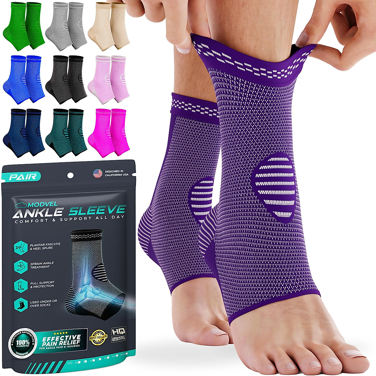 Modvel Foot & Ankle Brace Socks for Sprained Ankle Compression Sleeve - Foot Support for Women & Men - Tendonitis & Arthritis Foot Sleeve, Plantar Fasciitis Relief Brace, Stabilizing Ankle Wrap