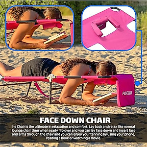 Face Down Tanning Chaise Lounge Chair - Face & Arm Holes - 2 Legs Support - Polyester Material – Backrest Positions - Head Rest Pillow - Beach or Home Use - Read and Tan - Pink Stripes Pattern