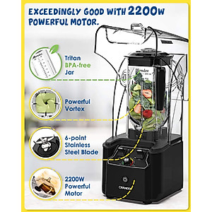 CRANDDI Commercial Quiet Blender, 2200 Watt Professional Countertop Blender with BPA-FREE 80oz Pitcher, Built-in Pulse & 15-speeds Control, Smoothie Blender for Commercial and Home, K90 Black