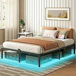 HOOBRO Queen Bed Frame with LED Lights, Metal Platform Bed Frame with Charging Station, 2 Outlets and 2 USB Ports, Heavy Duty Queen Size Bed Frame with End Stop, Ample Under Bed Space, Black