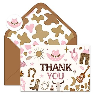 Whaline 24 Pack Western Cowgirl Thank You Cards Pink Brown Greeting Cards with Envelope Stickers Blank Note Cards for Baby Shower Party Supplies, 4 x 6 Inch