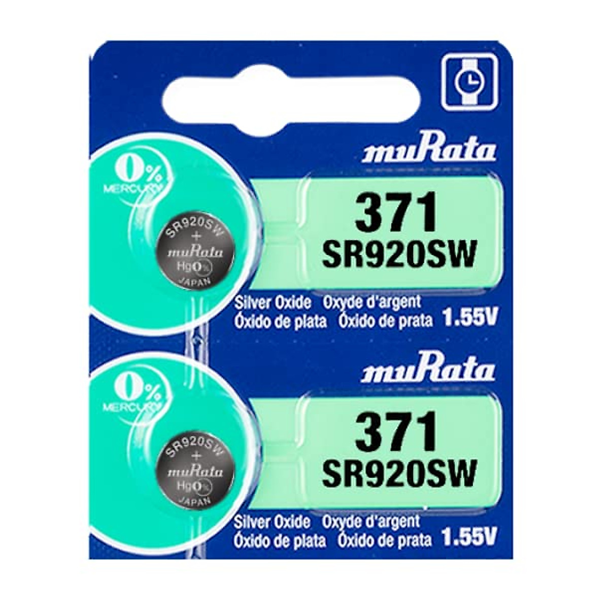 Murata 371 SR920SW Battery 1.55V Silver Oxide Watch Button Cell - Replaces Sony 371 (2 Batteries)