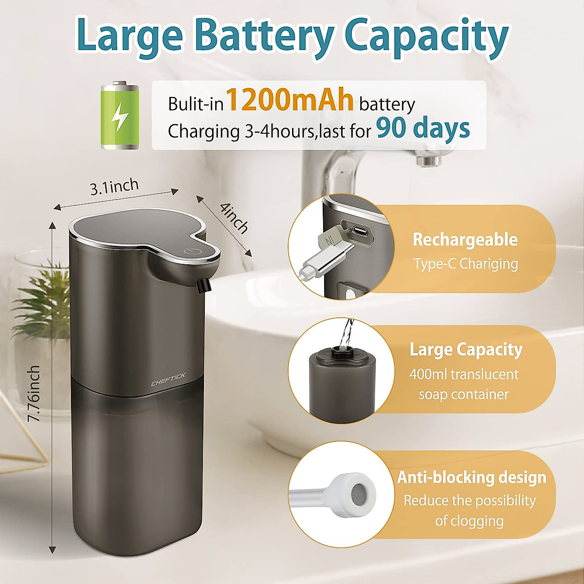 Cheftick Soap Dispenser, Automatic Foaming Soap Dispenser with 4 Adjustable Volume Control, Touchless Rechargeable Hands Free Auto Soap Dispenser for Kitchen, Bathroom, Hotel, Restaurant,13.5oz/ 400ml